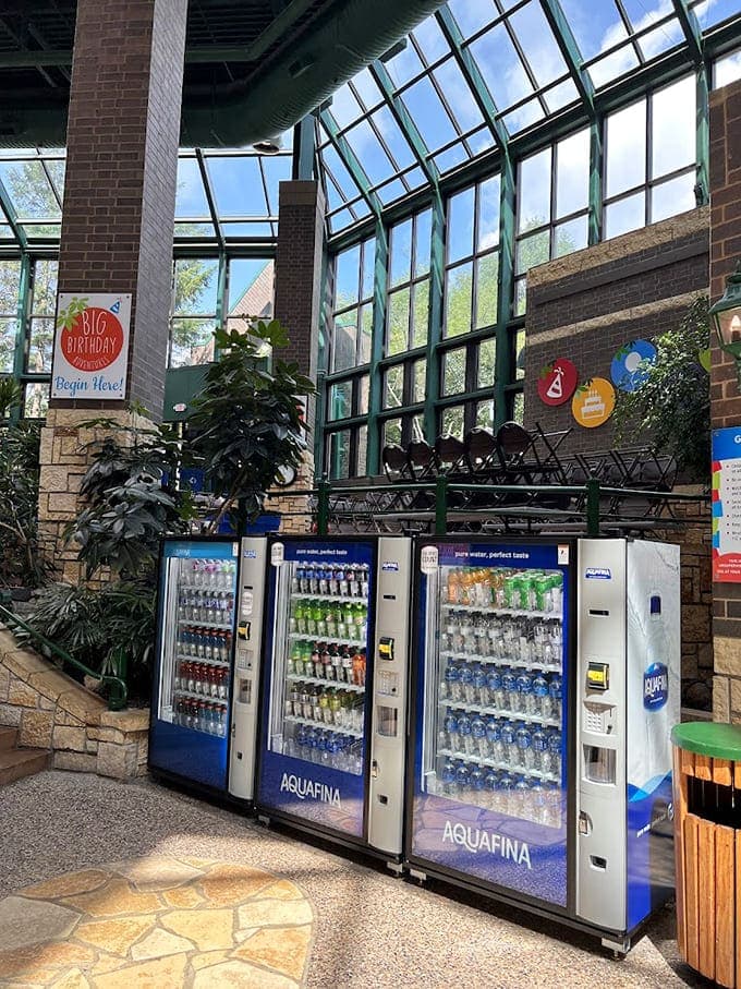 Vending machines stand ready to provide hydration and snacks, because playing this hard definitely works up an appetite.
