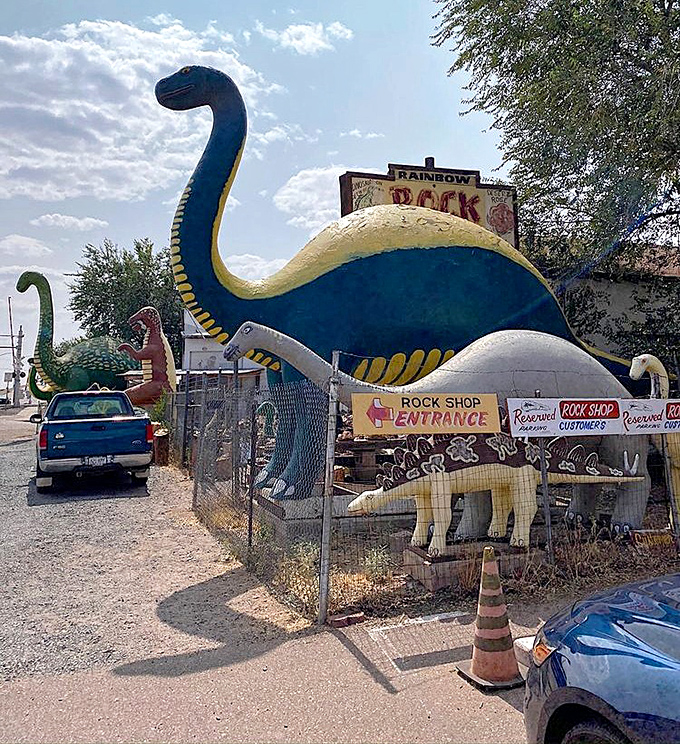 A dinosaur welcoming committee that's been stopping traffic on Route 66 for generations of wide-eyed travelers.