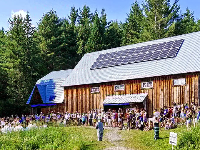 Solar panels bring modern sustainability to this historic artistic compound, where crowds gather for summer performances under Vermont skies.