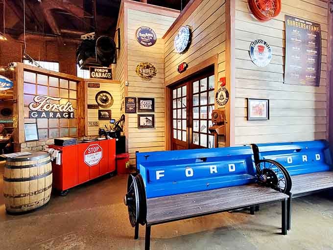 The waiting area features a Ford bench and vintage gas pump, making even the wait for your table an entertaining experience.