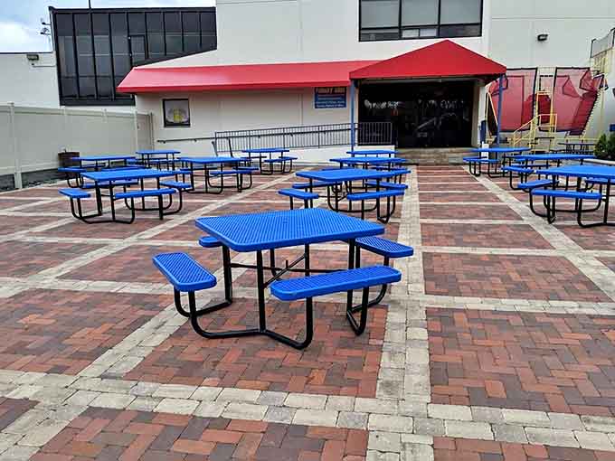 The outdoor patio area &ndash; a peaceful oasis for catching your breath between adventures or strategizing your arcade domination plan.