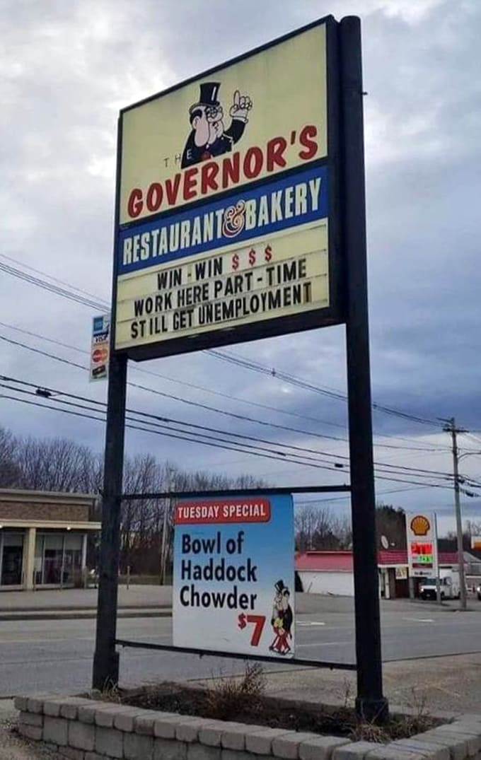 The roadside sign announces daily specials and reminds everyone that this local institution is always ready to feed you well.