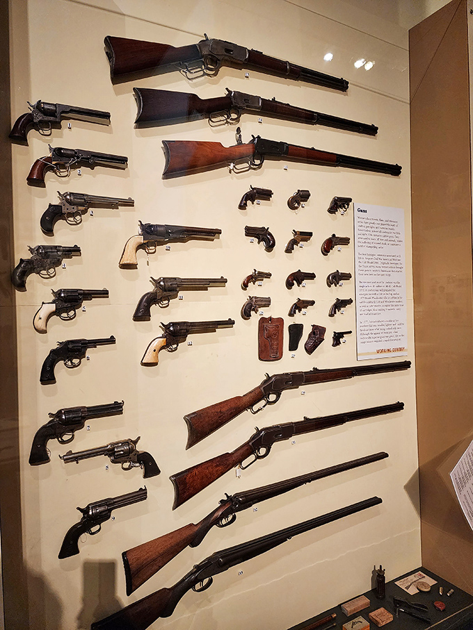 From pocket derringers to Winchester rifles, this impressive arsenal tells the story of survival and conflict on the frontier.