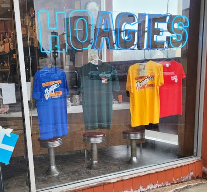 Even the window display celebrates Hoagie's status as a local institution, with merchandise for devoted fans.