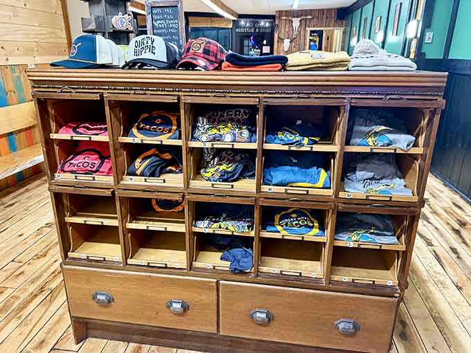 Take home a t-shirt or hat to remember your visit, displayed in a vintage cabinet that's as charming as everything else here.