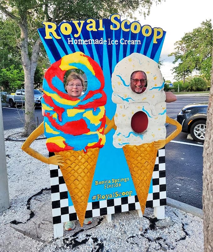 The iconic photo-op outside invites visitors to become part of the ice cream experience &ndash; faces framed by frozen treats larger than life.