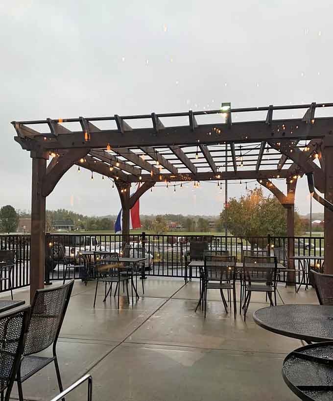 The patio offers al fresco dining under twinkling lights, because good pizza tastes even better when you're eating it outside.