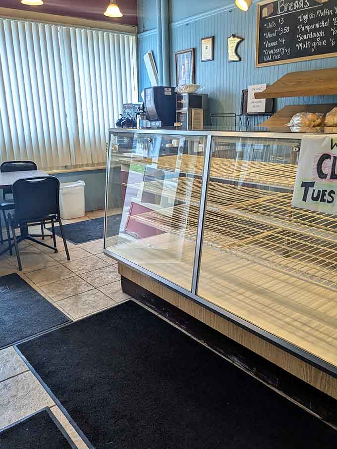 An empty display case at day's end, the ultimate compliment to any bakery, showing that everything was too good to last until closing time.