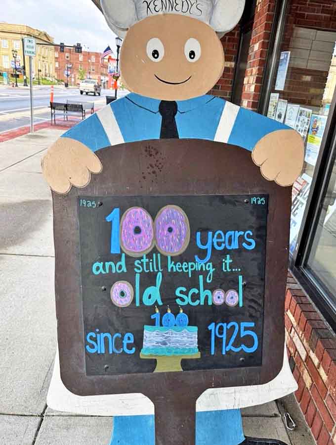 Signage: The bakery's mascot proudly announces "100 years and still keeping it old school" &ndash; perhaps the most honest advertising in America.
