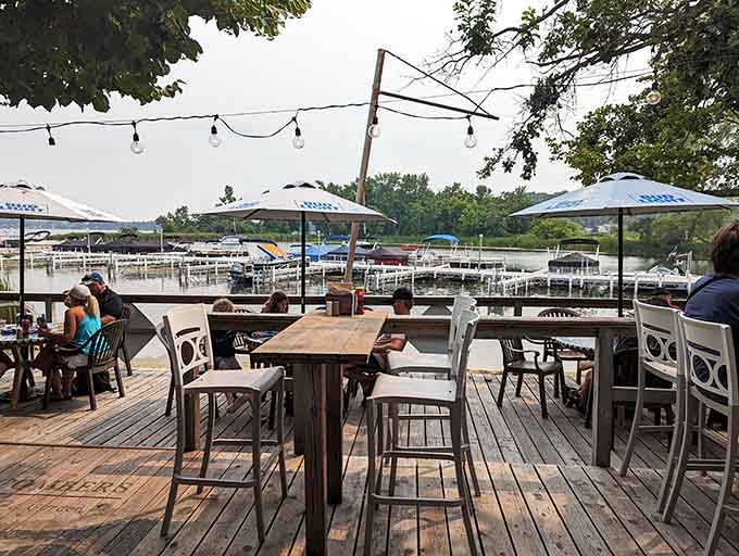 Outdoor seating on the deck provides unbeatable lake views, turning every meal into a waterfront dining experience worth savoring.