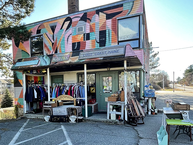 Lost Coast store's vibrant exterior promises an eclectic shopping experience where vintage treasures and local crafts await the curious browser.
