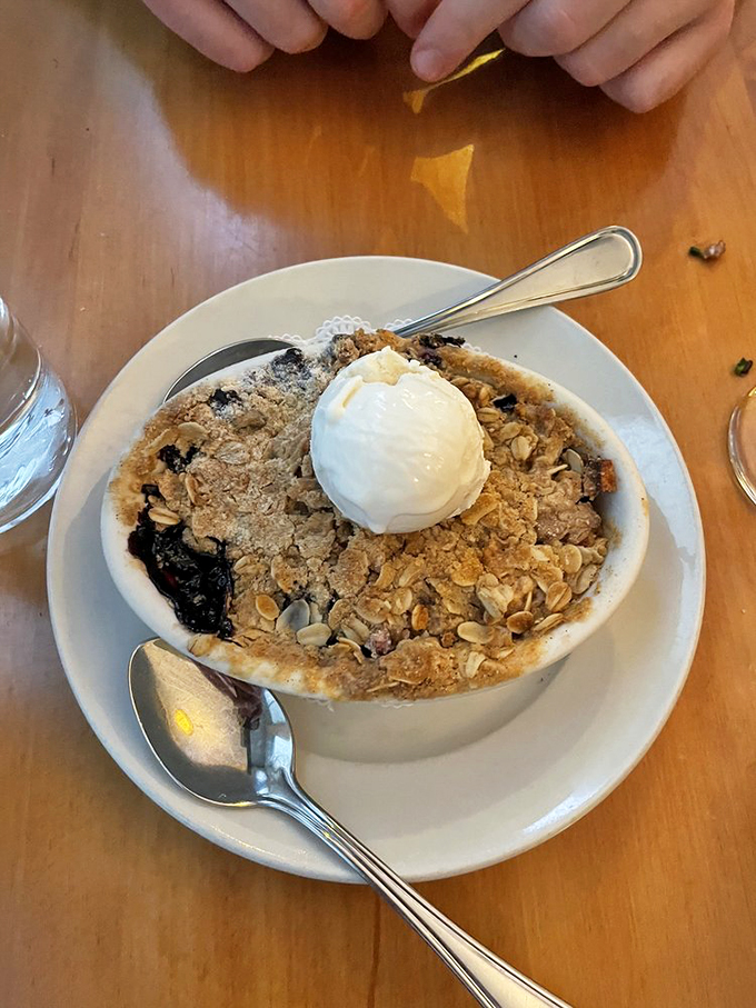Berry good ending! This crisp is like Maine's greatest hits album &ndash; starring wild blueberries, crisp apples, and a scoop of creamy nostalgia.