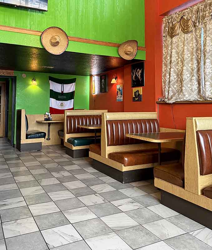 Brown booth seating offers the perfect vantage point for contemplating your burrito strategy and planning which item to try on your next visit.