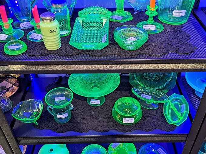 Uranium glass glows with otherworldly charm under special lighting, a collection that's both scientifically fascinating and decoratively captivating.