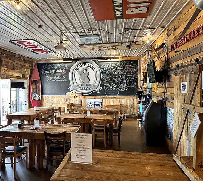 The rustic interior of Moose Lake Brewing Company promises the kind of local flavor that makes road trips worthwhile.