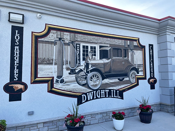 A painted window to the past! This mural captures the spirit of Route 66 in vivid, vintage detail.