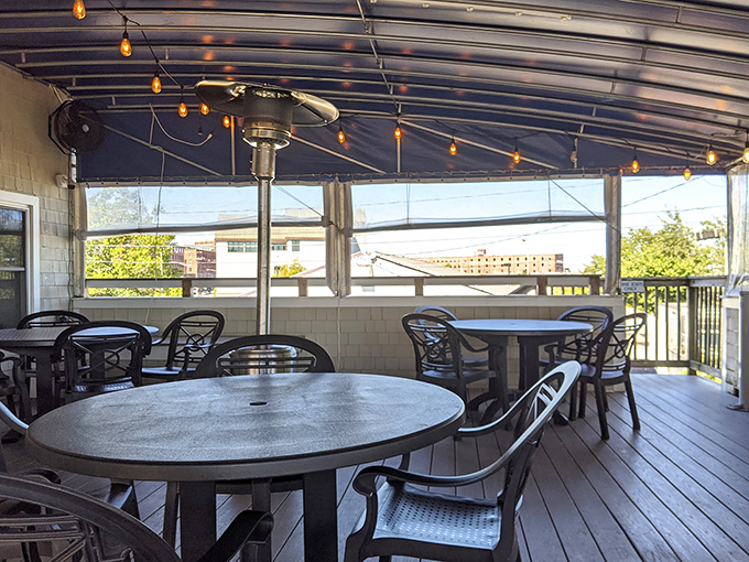 The covered deck offers al fresco dining with protection from Maine's changeable weather &ndash; ocean views included at no extra charge.