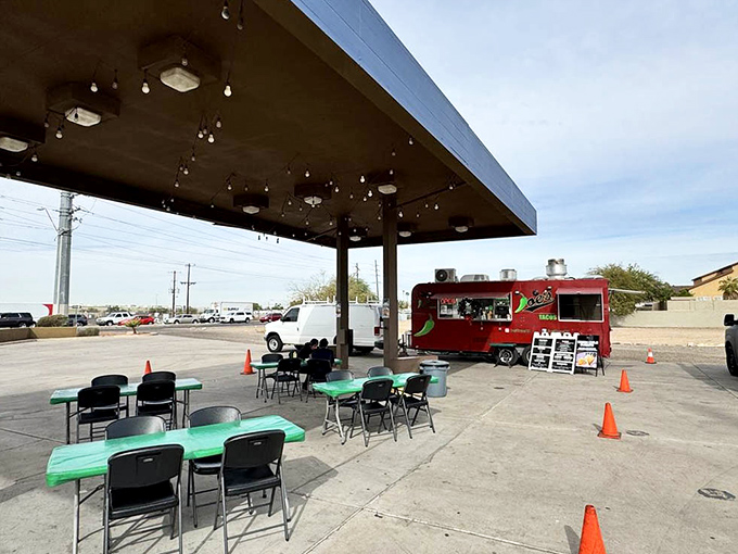 Outdoor seating that says, "Stay awhile, have another taco." The Arizona sky provides the perfect ceiling for this dining room.