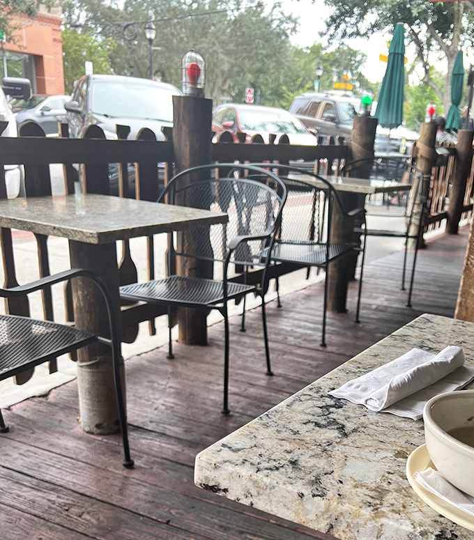 The outdoor seating area offers a perfect spot to enjoy Florida evenings, complete with occasional live music and the friendly buzz of conversation.