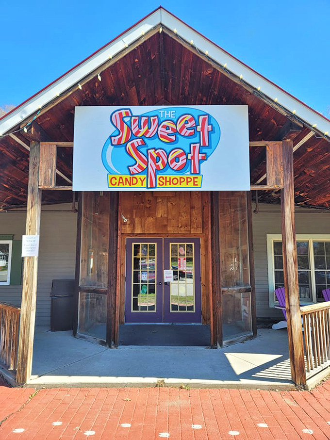 The welcoming entrance promises sweet adventures within. That red-roofed candy haven might look unassuming, but inside awaits a world of sugary wonders.
