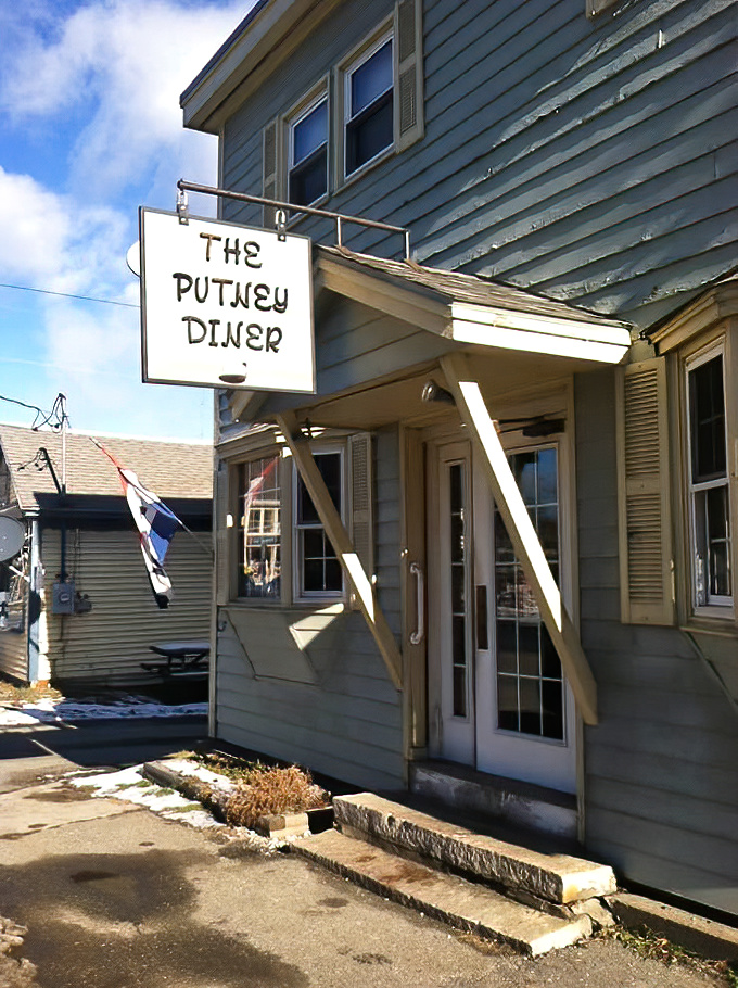 The iconic Putney Diner sign welcomes hungry travelers to this beloved Vermont eatery on Main Street.