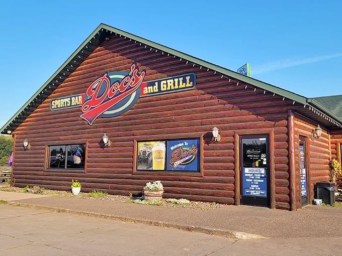 The log cabin exterior looks even better in daylight, standing proud against Minnesota skies like a monument to good eating.