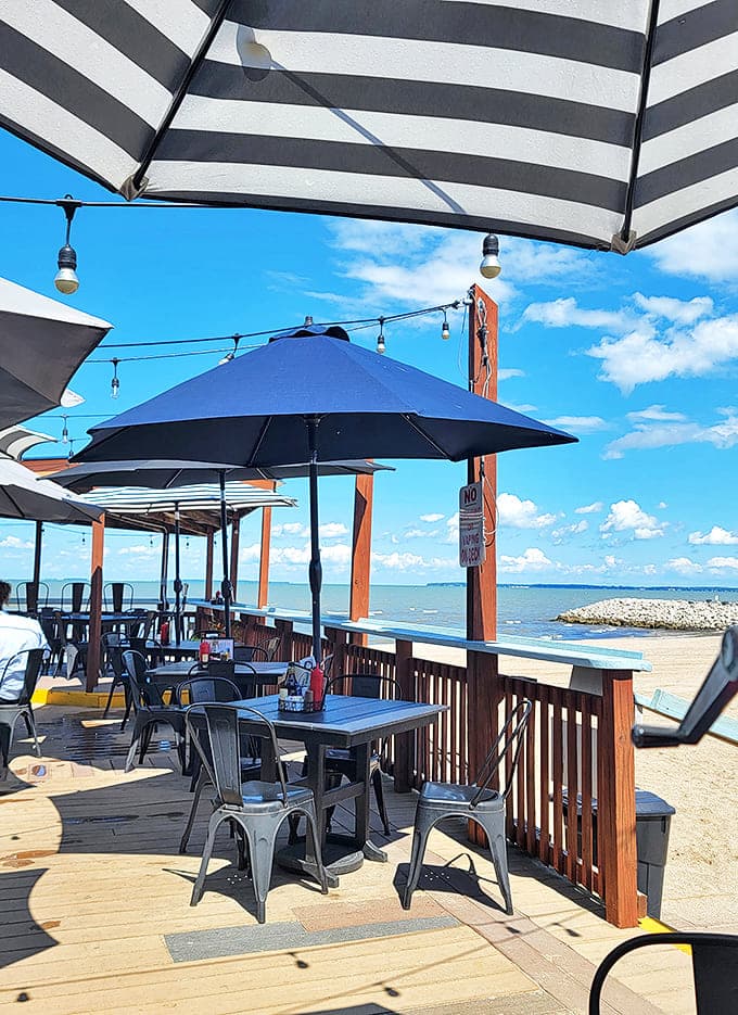 Umbrellas provide islands of shade on Dock's expansive deck, where Lake Erie stretches to the horizon and every meal comes with a side of spectacular views.