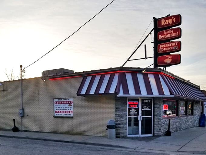 Ray's exterior stands proudly on its corner, the red-and-white striped awning a beacon for breakfast seekers throughout Elgin.