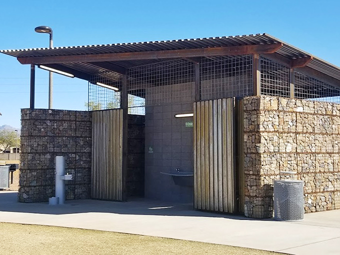 Modern restroom facilities blend function with desert-inspired design &ndash; practical necessities don't have to sacrifice style at Signal Butte Park.