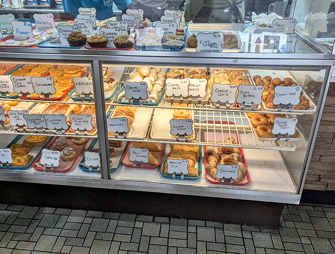 The pastry display case &ndash; a glass-fronted museum of edible art where donuts, cookies, and pastries compete for your attention and affection.