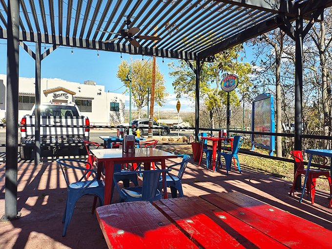 Dappled sunshine and colorful seating – Bing's outdoor patio offers the perfect Arizona dining experience when weather permits.