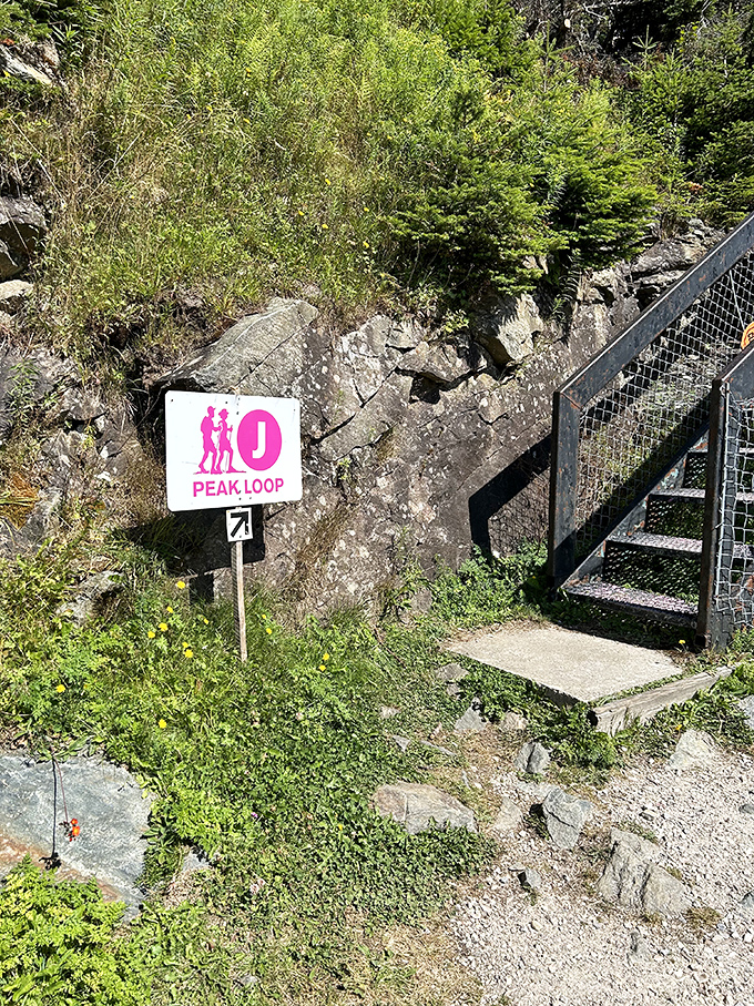 The Peak Loop trail sign beckons hikers to discover Vermont's high-altitude wonders on foot, one breathtaking step at a time.