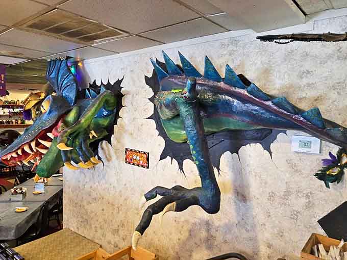 That's not just décor—that's a conversation-starting dragon bursting through the wall, because ordinary just doesn't cut it at Pearl's.