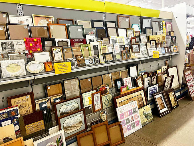 A gallery of empty frames holds the promise of future memories, like blank canvases waiting for life's moments to fill them.