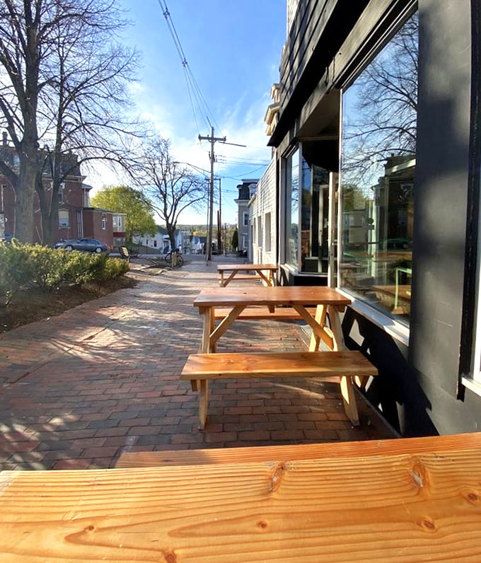 Outdoor seating on brick pavers offers the perfect spot to enjoy your smoothie while soaking up some Maine sunshine and people-watching.