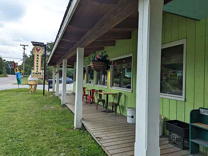 That welcoming front porch with its cheerful green exterior practically begs you to grab a scone and enjoy Vermont's fresh air.