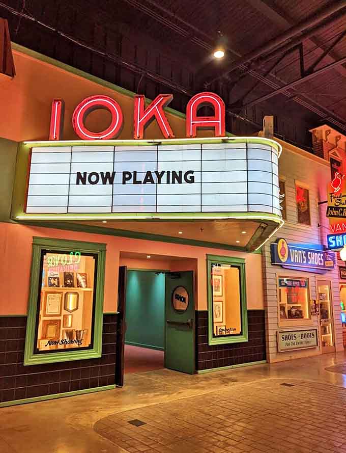 The restored Ioka Theater marquee stands ready for an imaginary premiere &ndash; these neighborhood movie palaces were once the heart of American entertainment.