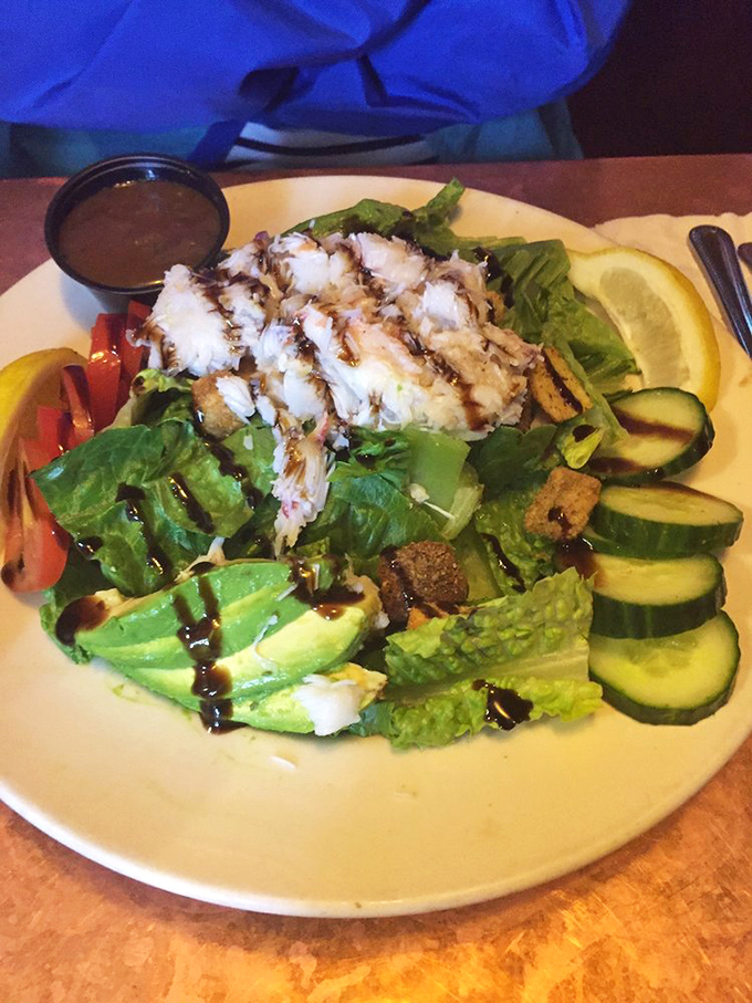 Enjoy a plate of fresh lump crab salad and creamy avocado while you soak in the local atmosphere of Ellsworth.