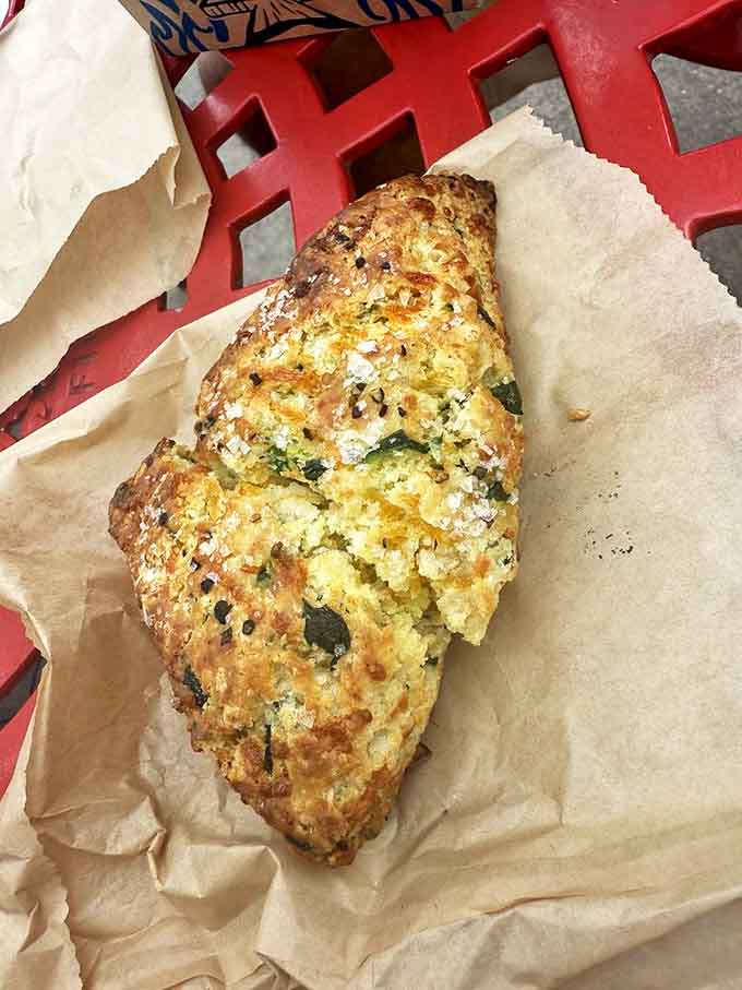 A scone that defies the dry, crumbly stereotype – this buttery triangle of joy practically begs for a coffee companion.