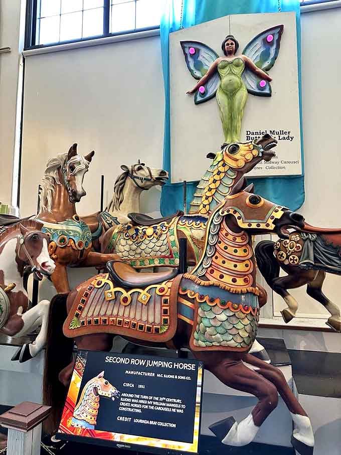 This second-row jumping horse shows off its scales and fantastical design &ndash; carousel animals were the original fantasy creatures before CGI existed.