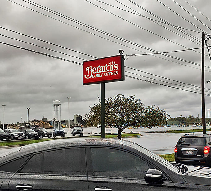 The Berardi's sign stands as a beacon of hope for hungry travelers, promising salvation from chain restaurant mediocrity.