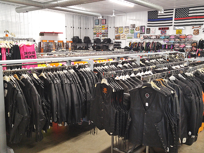 Leather and lore: Rows of motorcycle gear await enthusiasts at one of Utica's specialty shops, catering to riders exploring the scenic routes.
