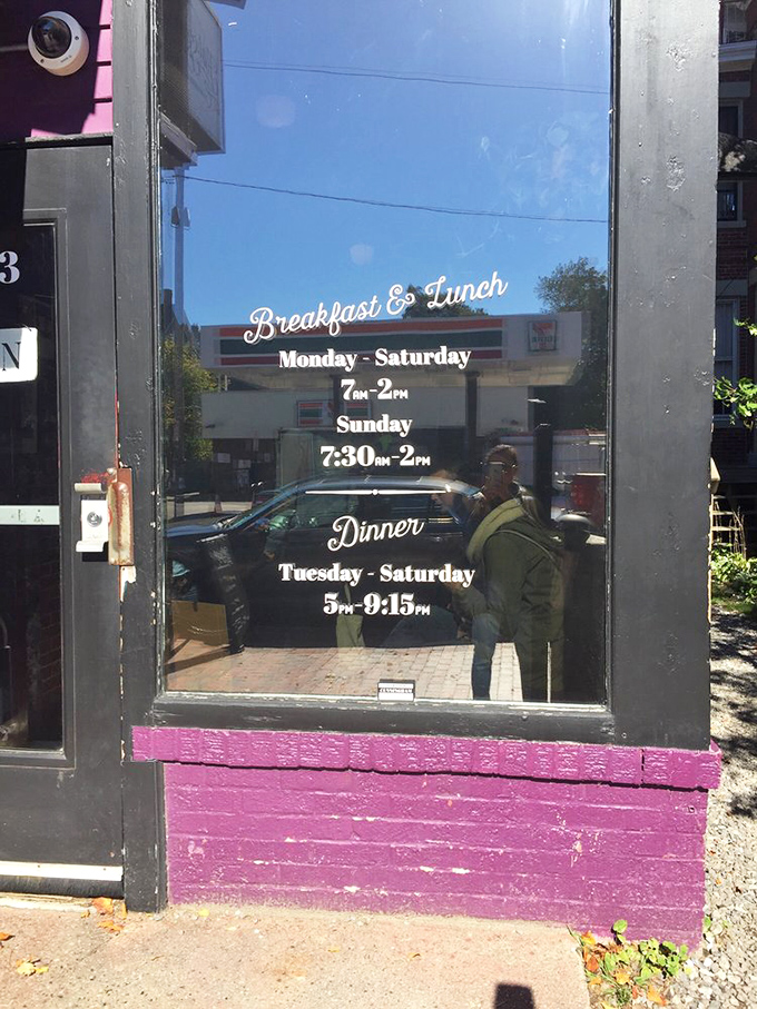 Clear hours posted on the door &ndash; a promise of Southern comfort available six days a week for breakfast, lunch, and dinner.