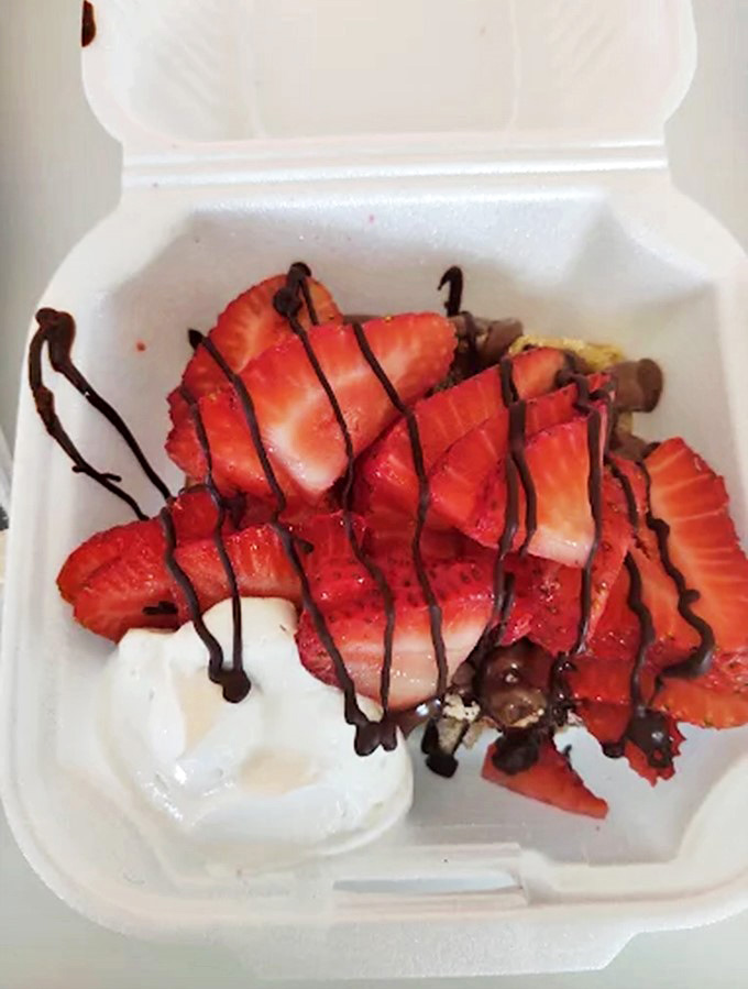 Strawberry pancake: Fresh berries and whipped cream in a to-go container &ndash; proof that even takeout can be a special occasion when done right.