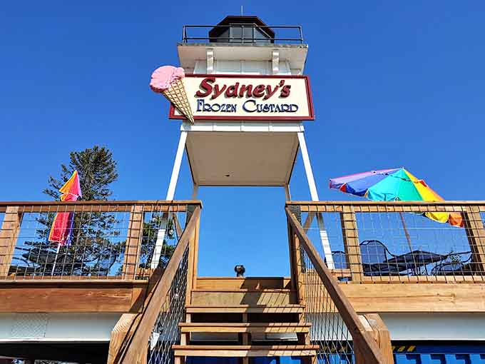 Those stairs lead up to rooftop seating and arguably the best spot in Grand Marais to enjoy frozen custard with a view.