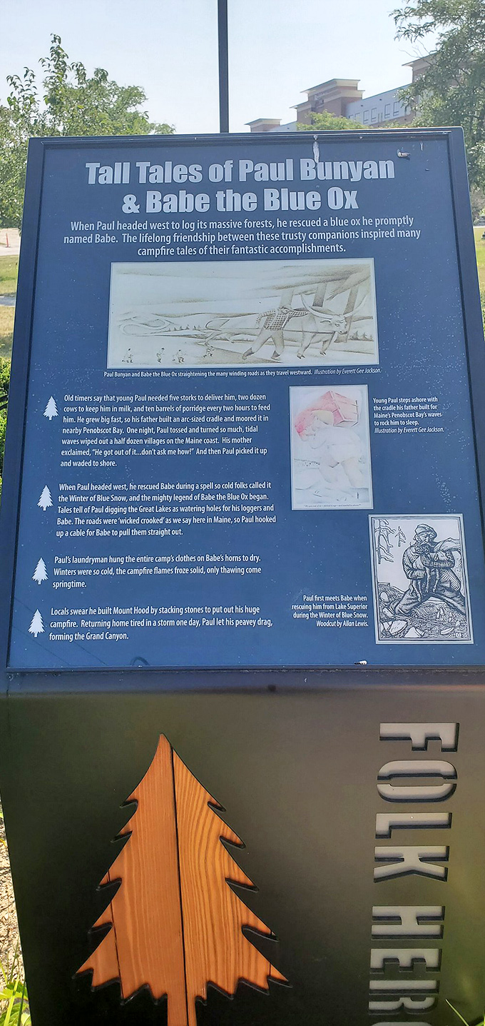 This informational sign shares the tall tales that made Paul Bunyan a legend &ndash; stories so outlandish they could only be American.