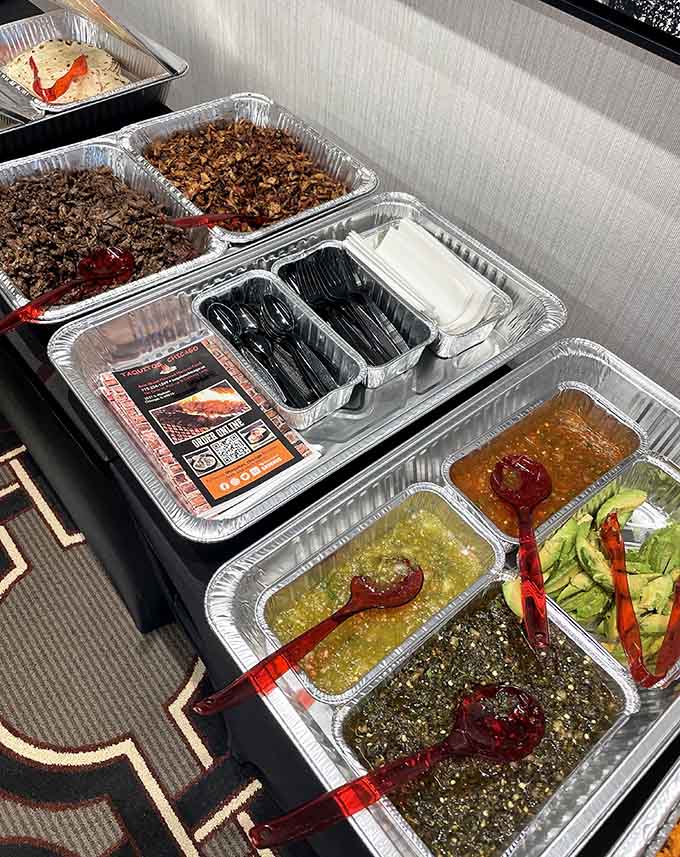 A spread of fresh salsas and toppings that turn good tacos into unforgettable ones.