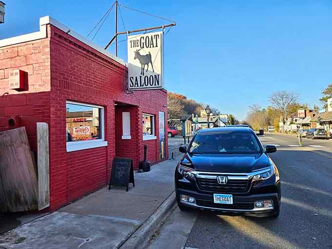 The Goat Saloon's red exterior announces that this establishment doesn't take itself too seriously, which is refreshing in a bar.