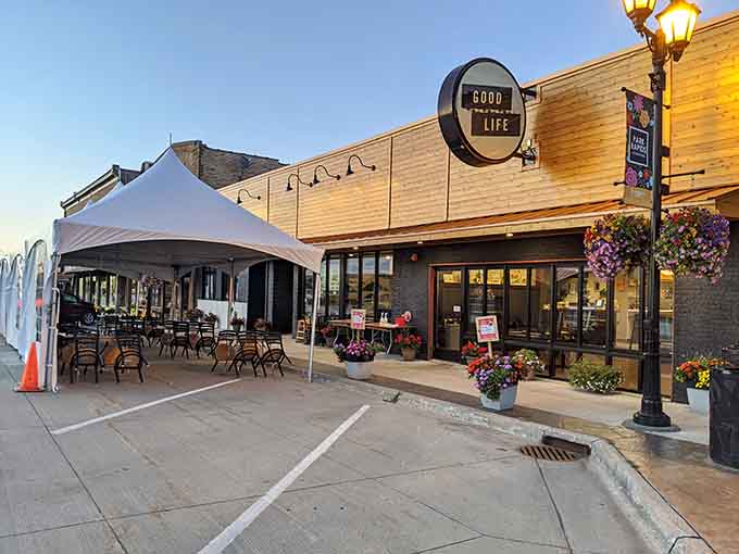 The exterior patio setup invites diners to enjoy their meals in the fresh Minnesota air, because good food tastes even better outside.