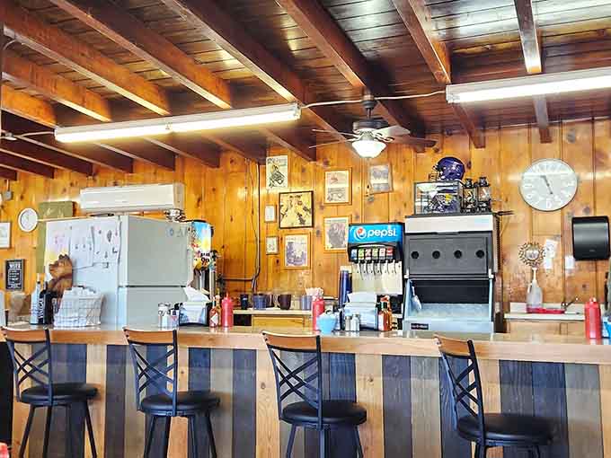 The counter seating offers prime real estate for solo diners and the best spot to watch the kitchen work its magic.